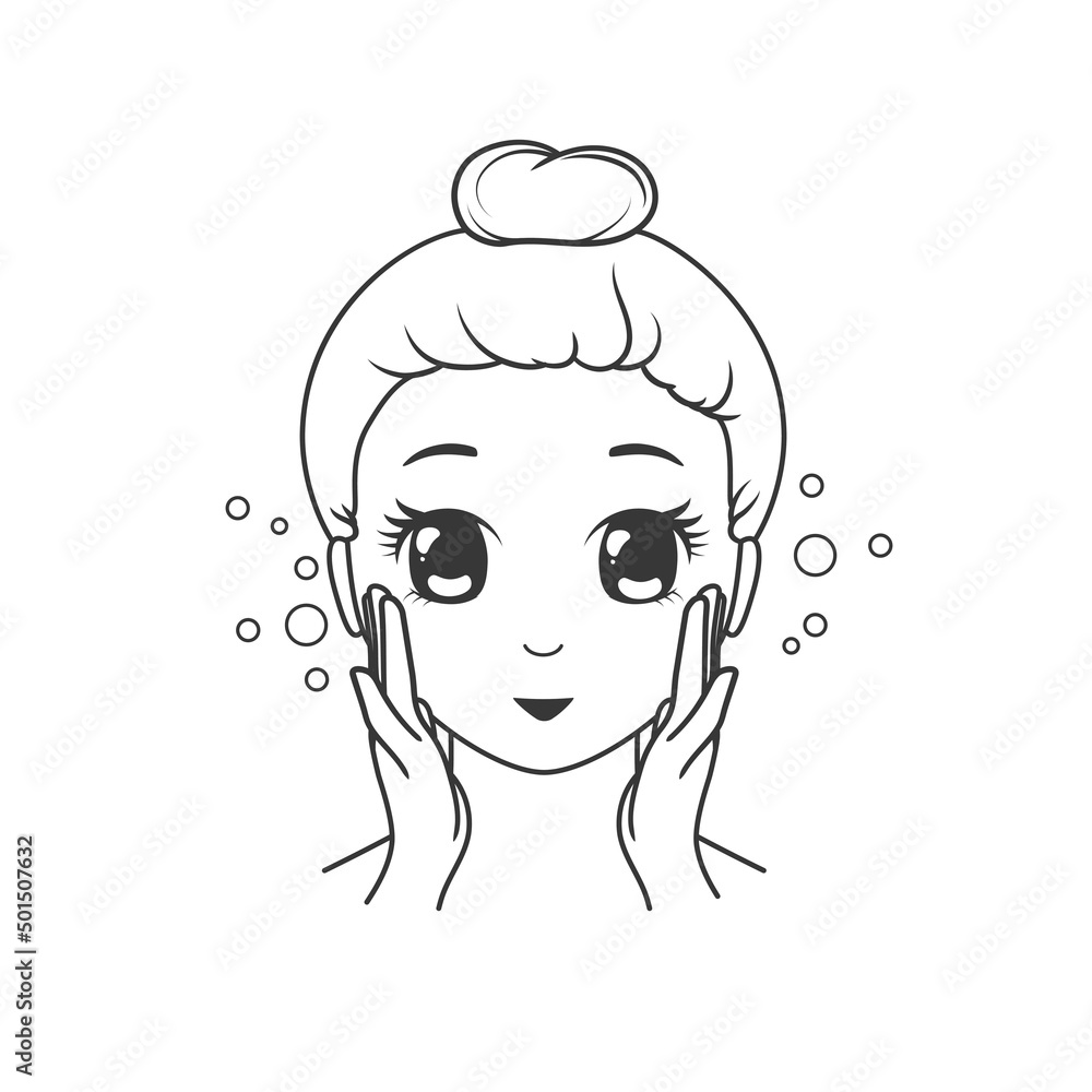 Kawaii smiling girl washes her face. Black and white vector ...