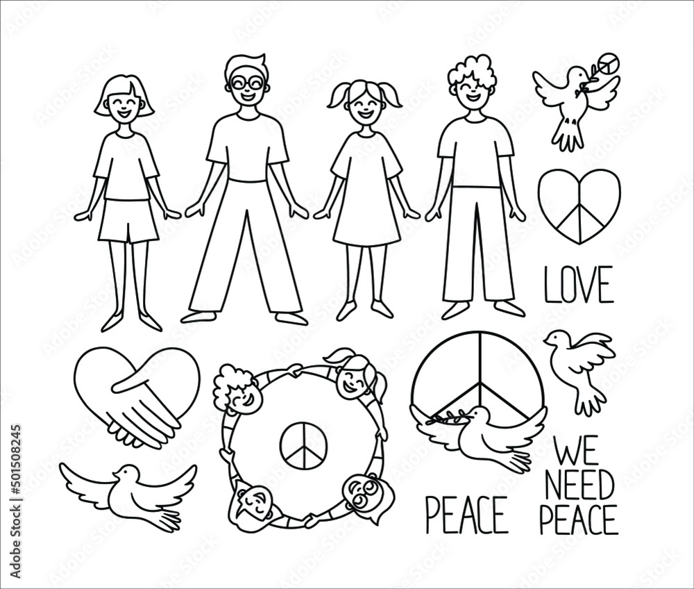 set of doodle drawings of the International Day of Peace. Friendly ...
