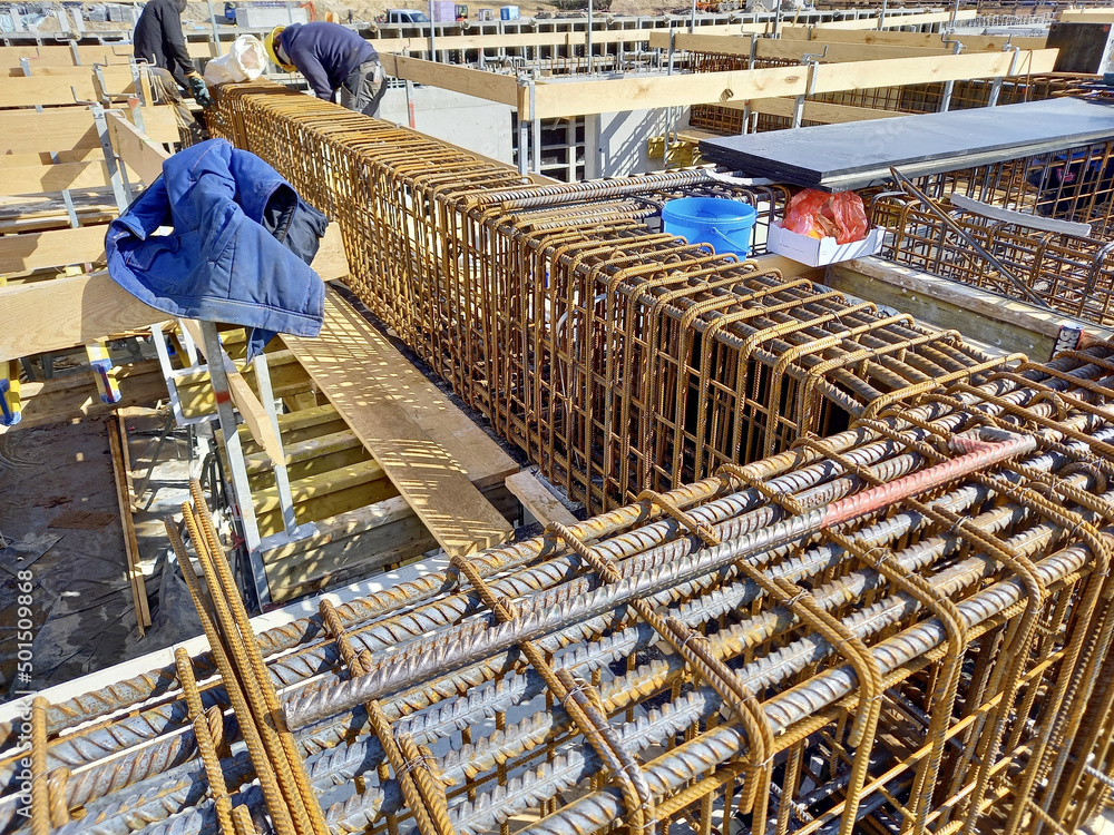 Closeup of reinforced concrete beams in a construction site Stock Photo ...