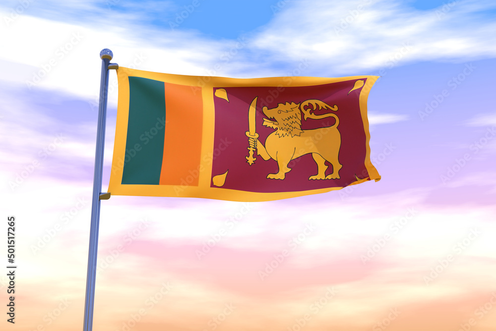 3D illustration of a Waving flag of Sri Lanka in the cloudy sunset sky ...