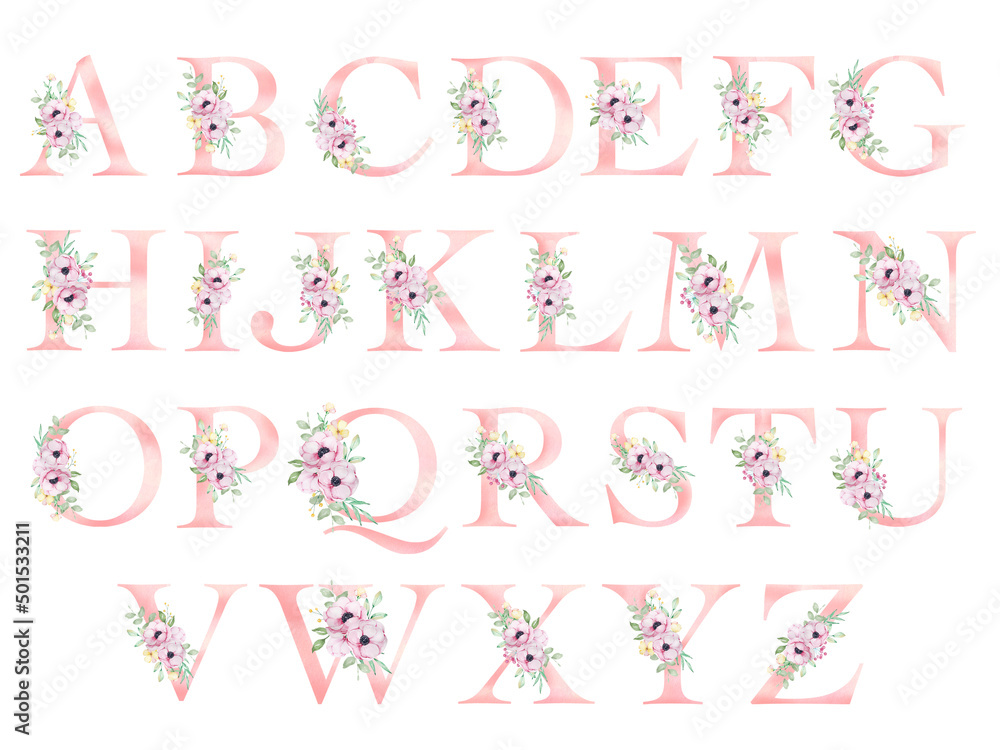 Floral alphabet, letters set with watercolor flowers Stock Illustration ...