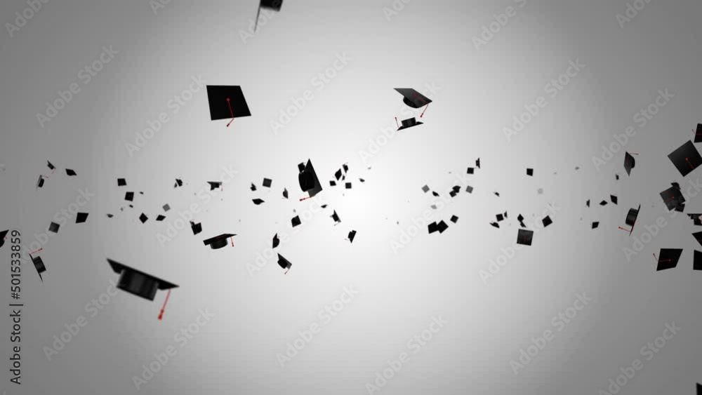 Graduation 3D flying hats towards the sky. Virtual stay home concept ...
