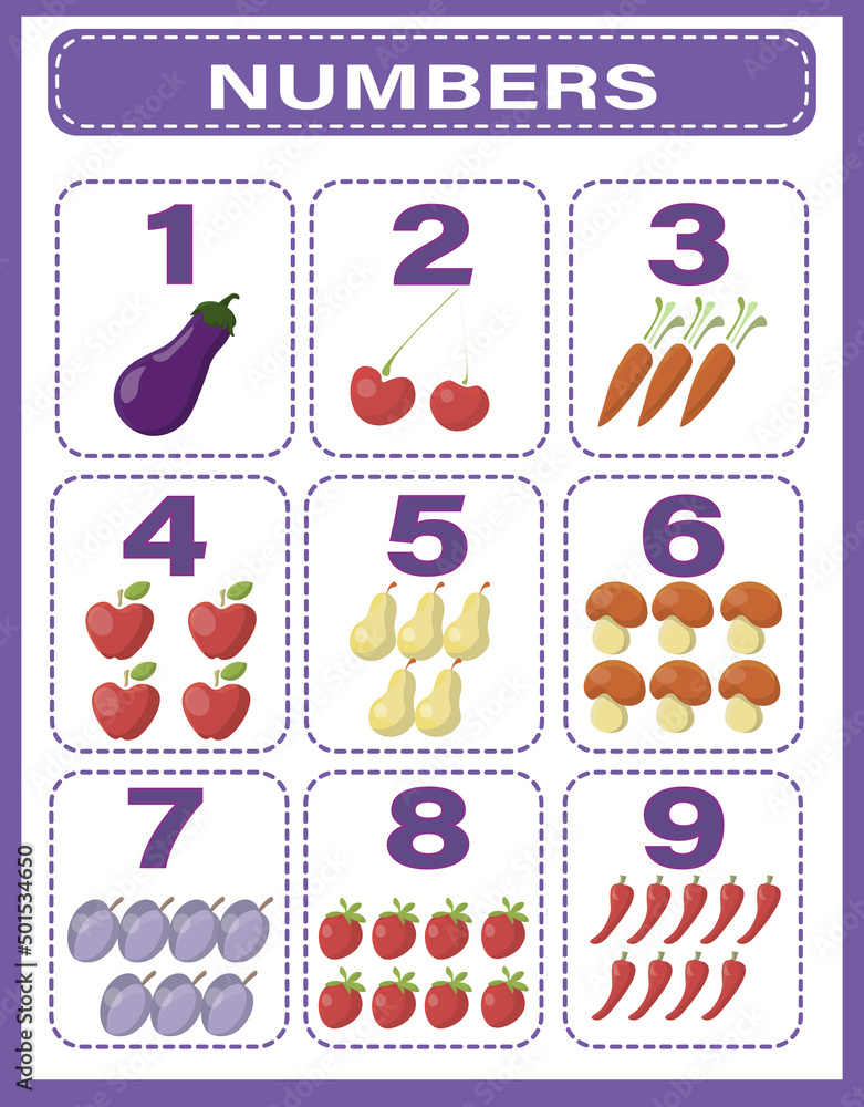 Numbers set from one to nine, flashcards with fruit and vegetables ...