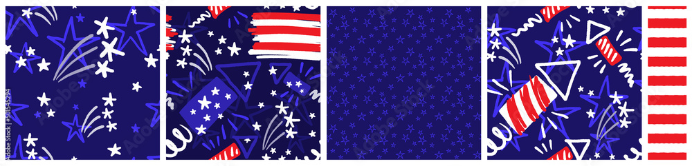 July 4th party seamless pattern set with firework, petard, US flag ...