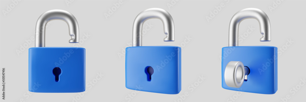 3d blue unlocked padlock icon set with key isolated on gray background ...