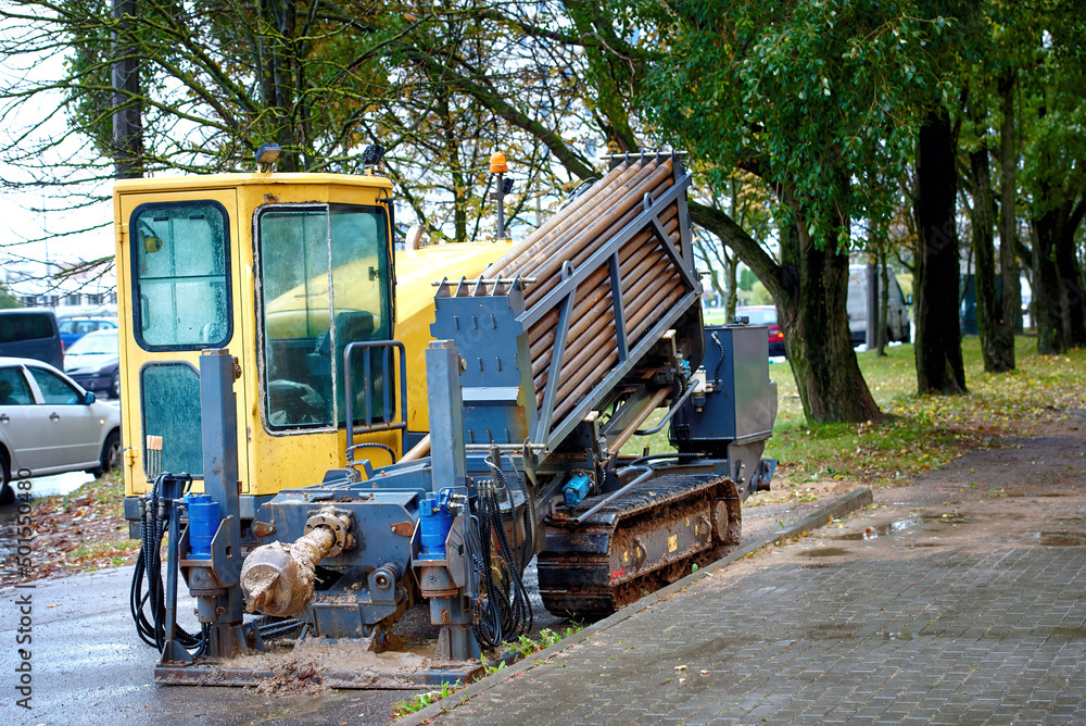 Horizontal directional drilling machine, HDD drill rig. Parked ...