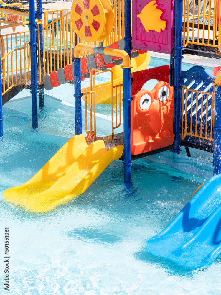 Children Playground with Colorful Yellow And Blue Plastic Slider in ...