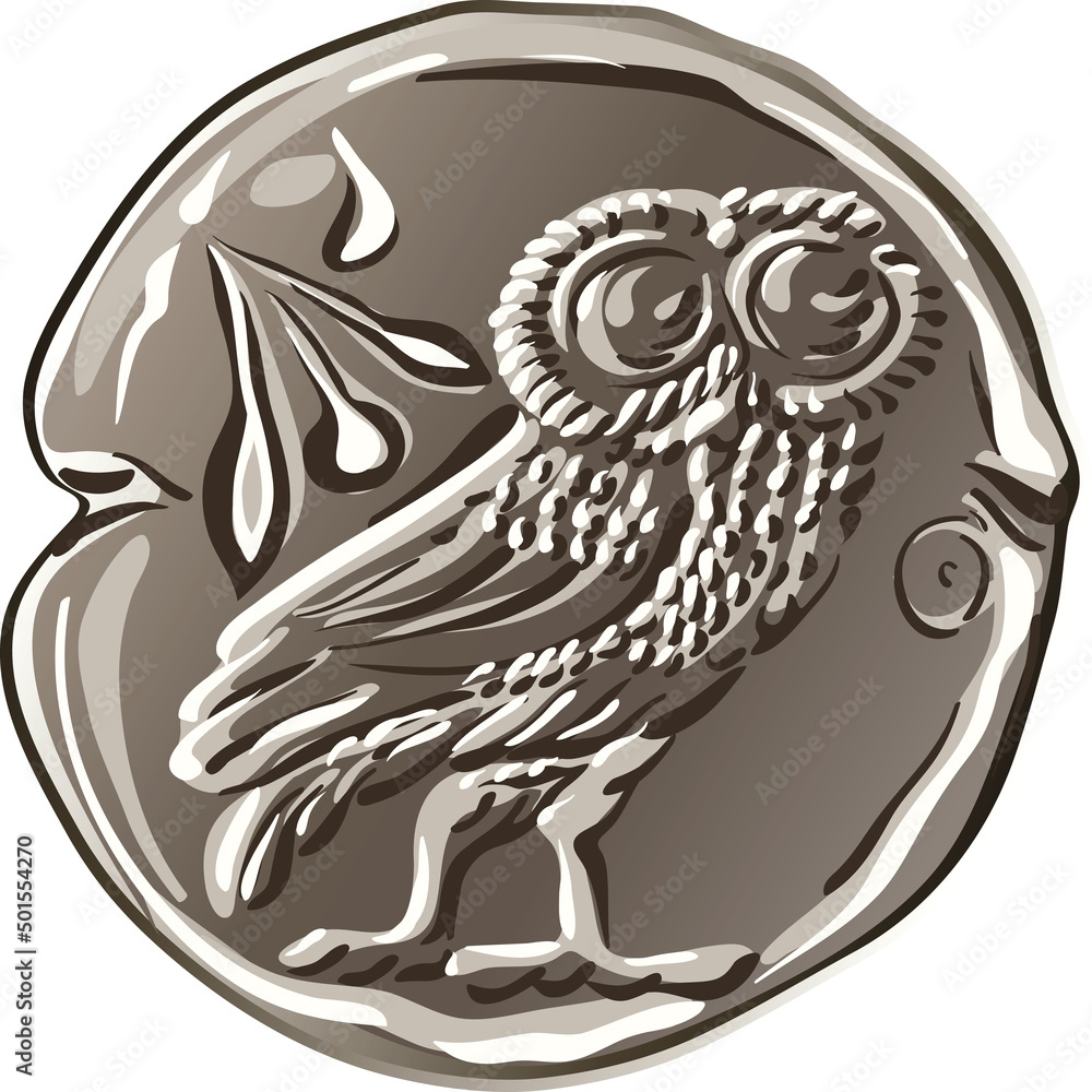 ancient Greek drachma money silver coin with the image of the owl and ...