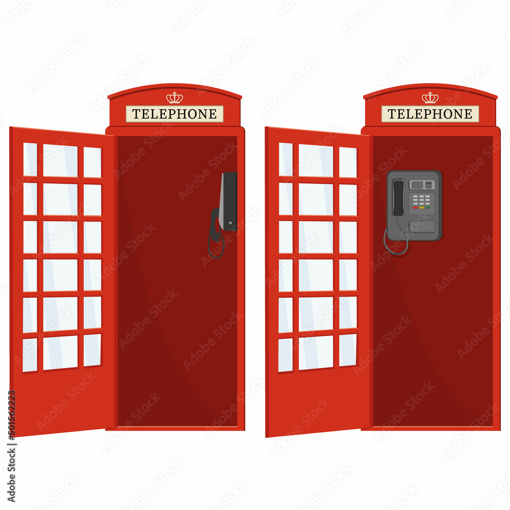 Red telephone booth with open door, color vector isolated cartoon-style ...