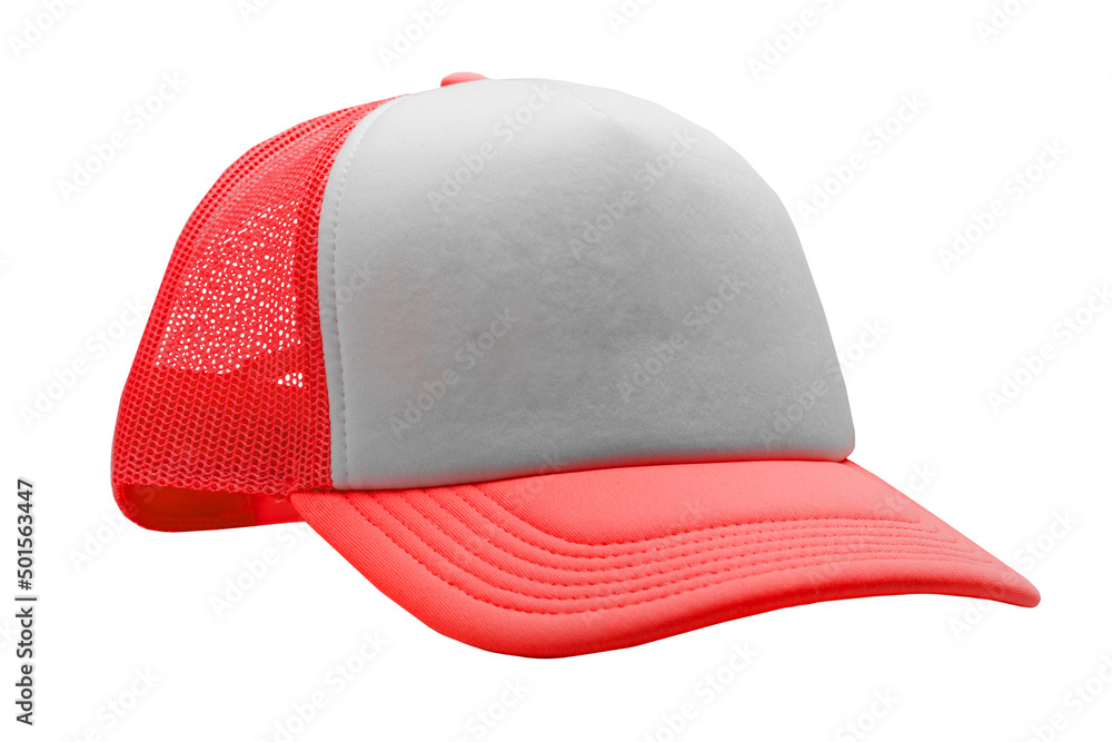 Red Trucker cap isolated on white background. Basic baseball cap. Mock ...