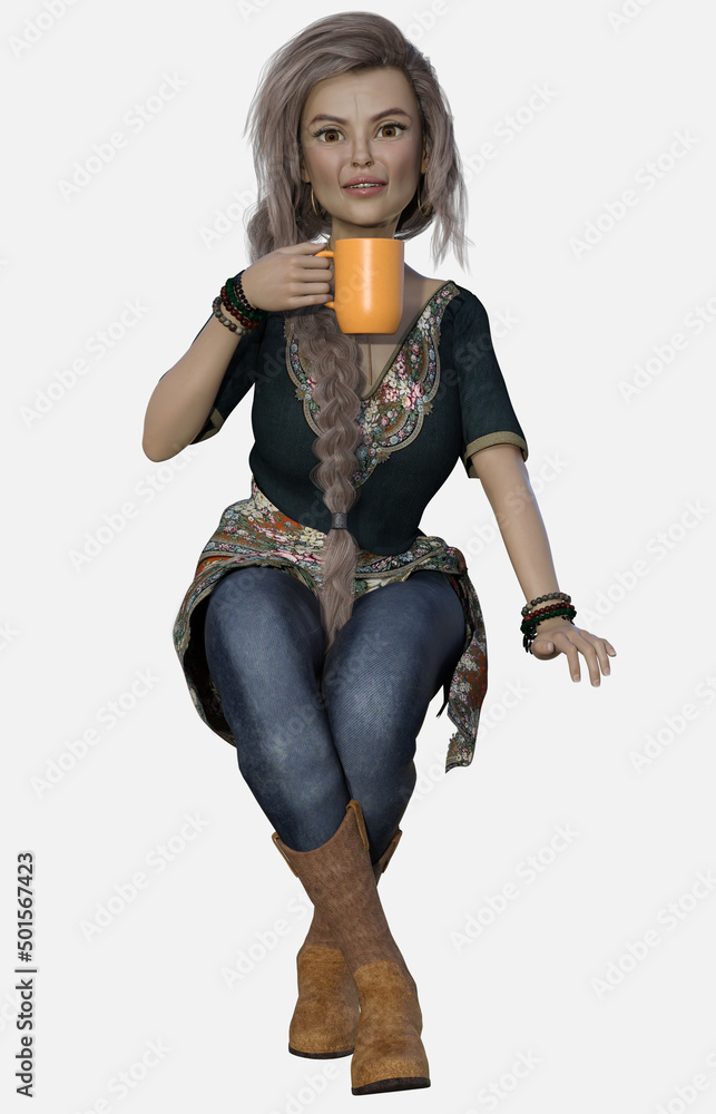 Full length portrait of Sara, a beautiful middle-aged female character ...