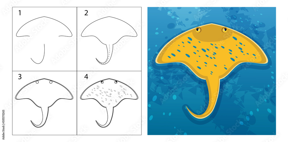 A step-by-step lesson of coloring fish. How to draw a yellow stingray ...