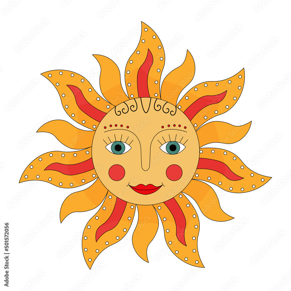 Yellow sun. Russian symbol holiday spring Shrovetide. Ornamental doodle ...