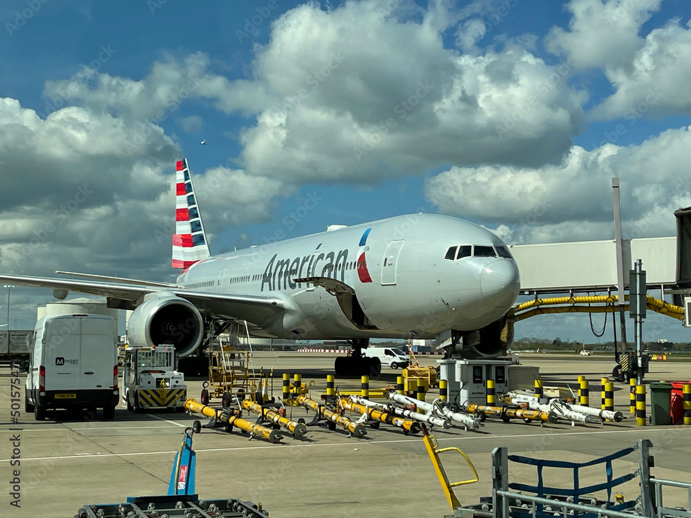 An American Airlines Boeing 777 on the ramp at the London Heathrow ...