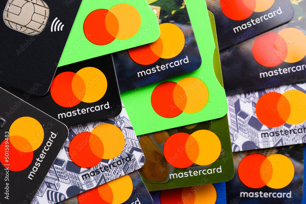 Krakow, Poland - April 27 2022: Mastercard plastic credit payment cards ...