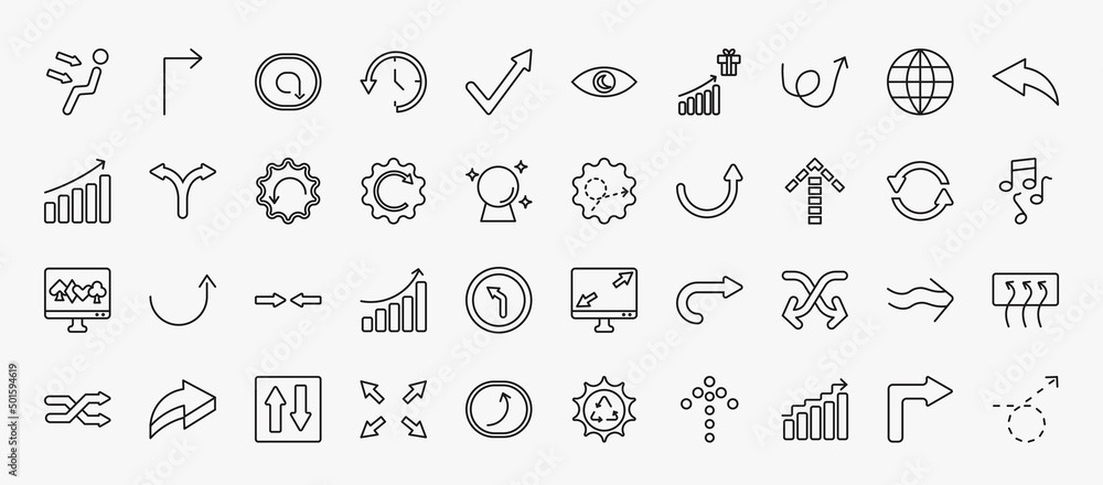 set of 40 user interface icons in outline style. thin line icons such as air outlet, clockwise ...