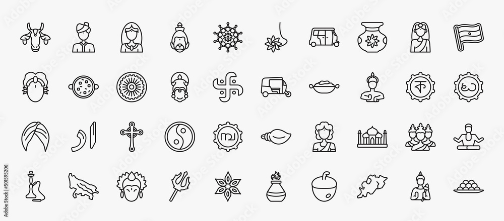 set of 40 india icons in outline style. thin line icons such as indian ...