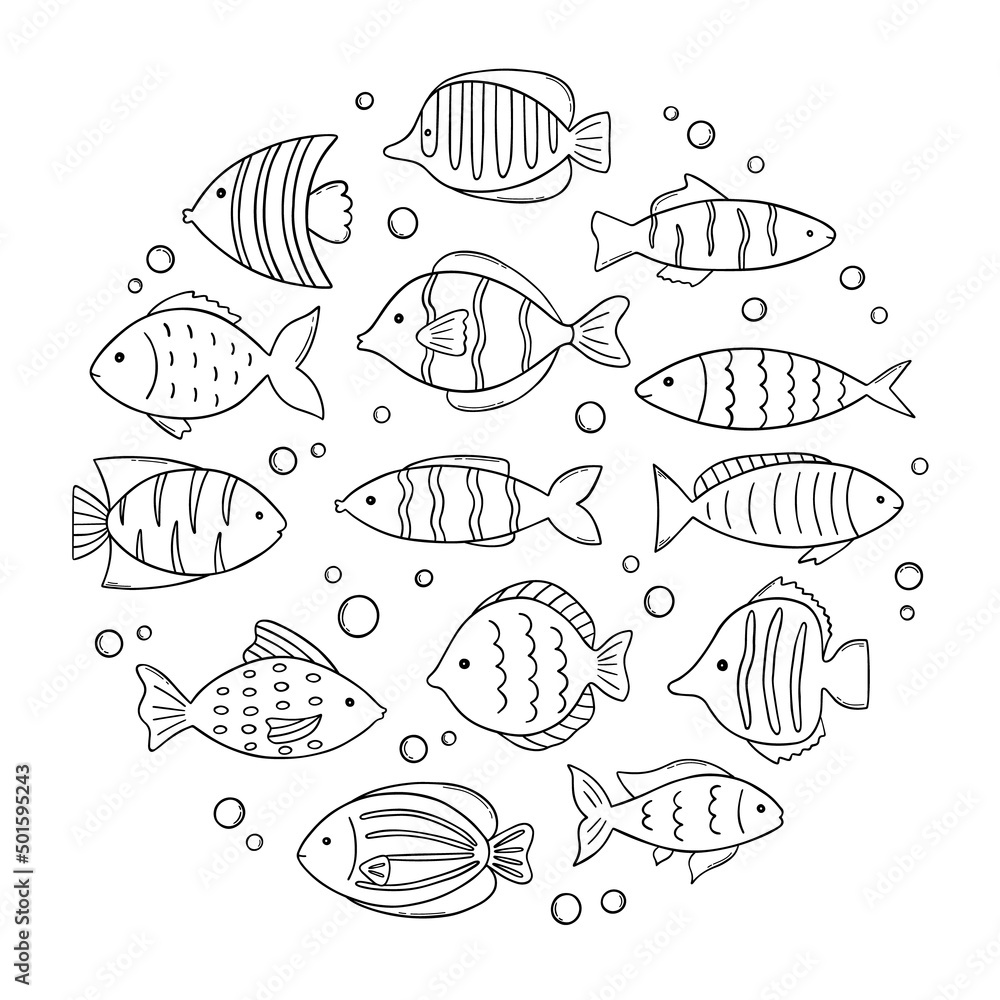 Set of cute sea fish doodle. Underwater world in sketch style. Hand ...