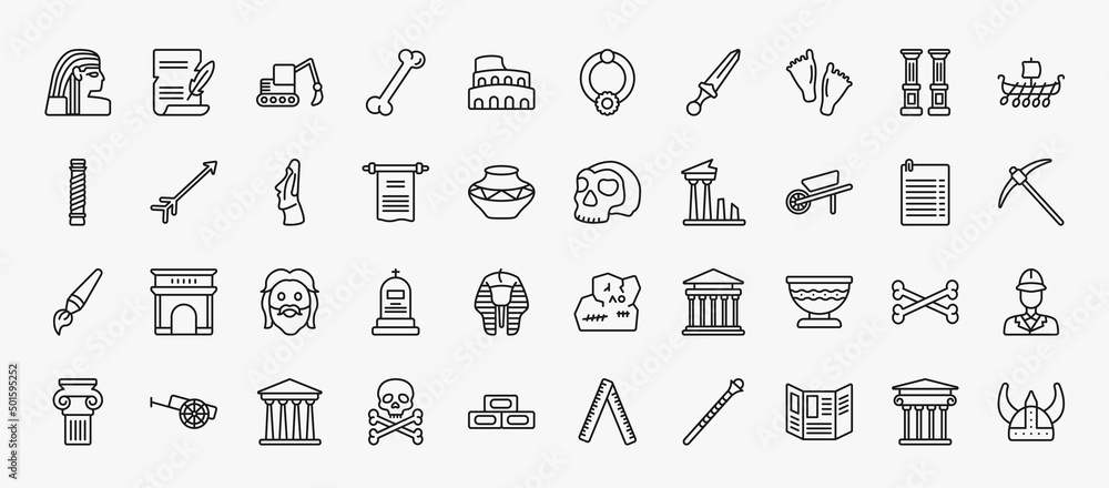 set of 40 history icons in outline style. thin line icons such as egypt ...