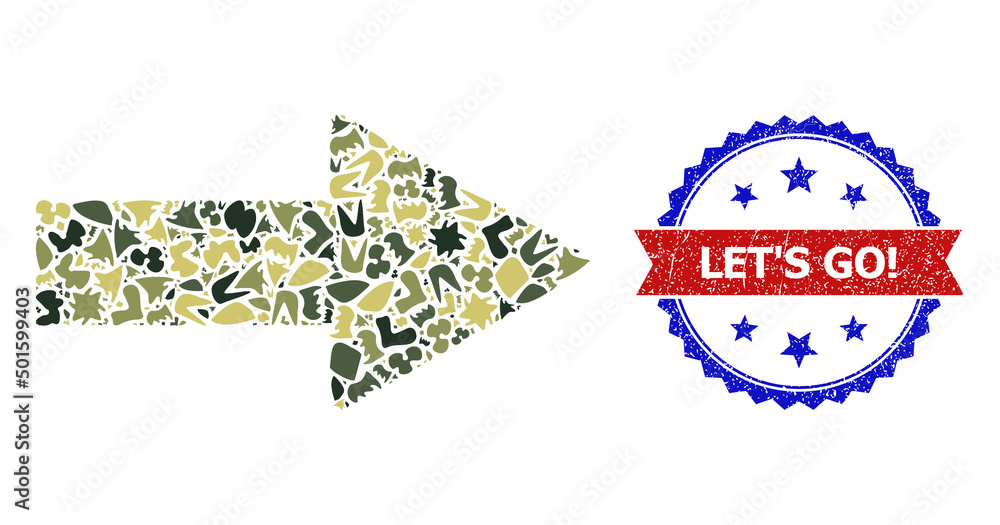 Military camouflage mosaic of arrow direction icon, and bicolor grunge ...