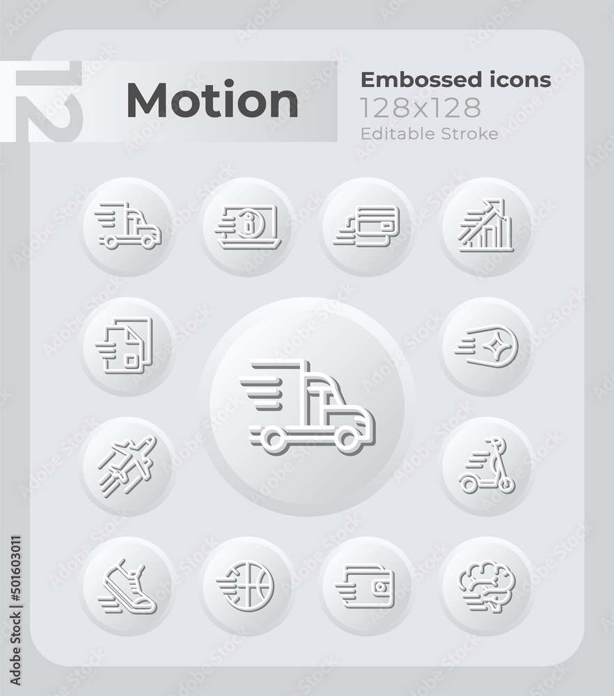 Motion embossed icons set. Moving objects. Constant changes ...