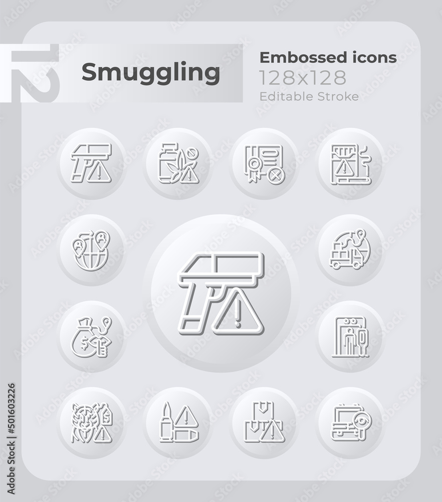 Smuggling goods embossed icons set. Illegal trade. Neumorphism effect ...