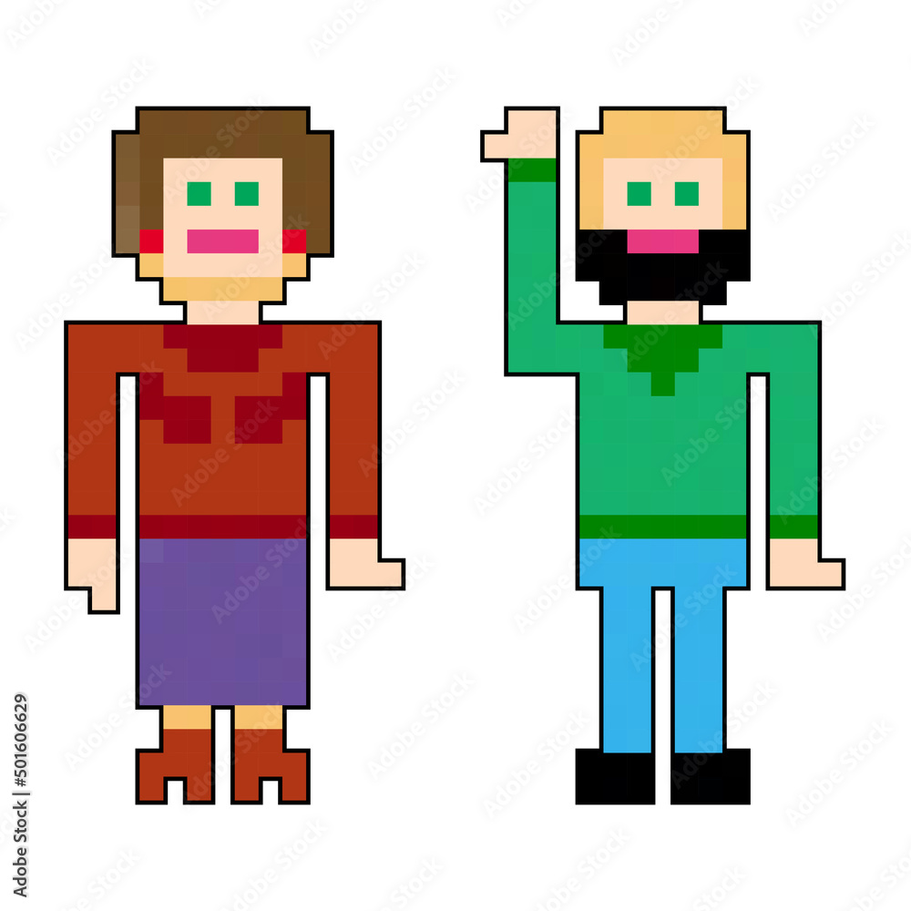 Pixel Man and Woman. Couple. Relationship. Pixel art style icons in ...