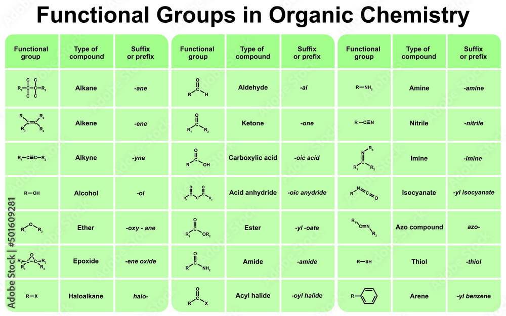 Functional Groups in Organic Chemistry. Colorful Symbols. Vector ...