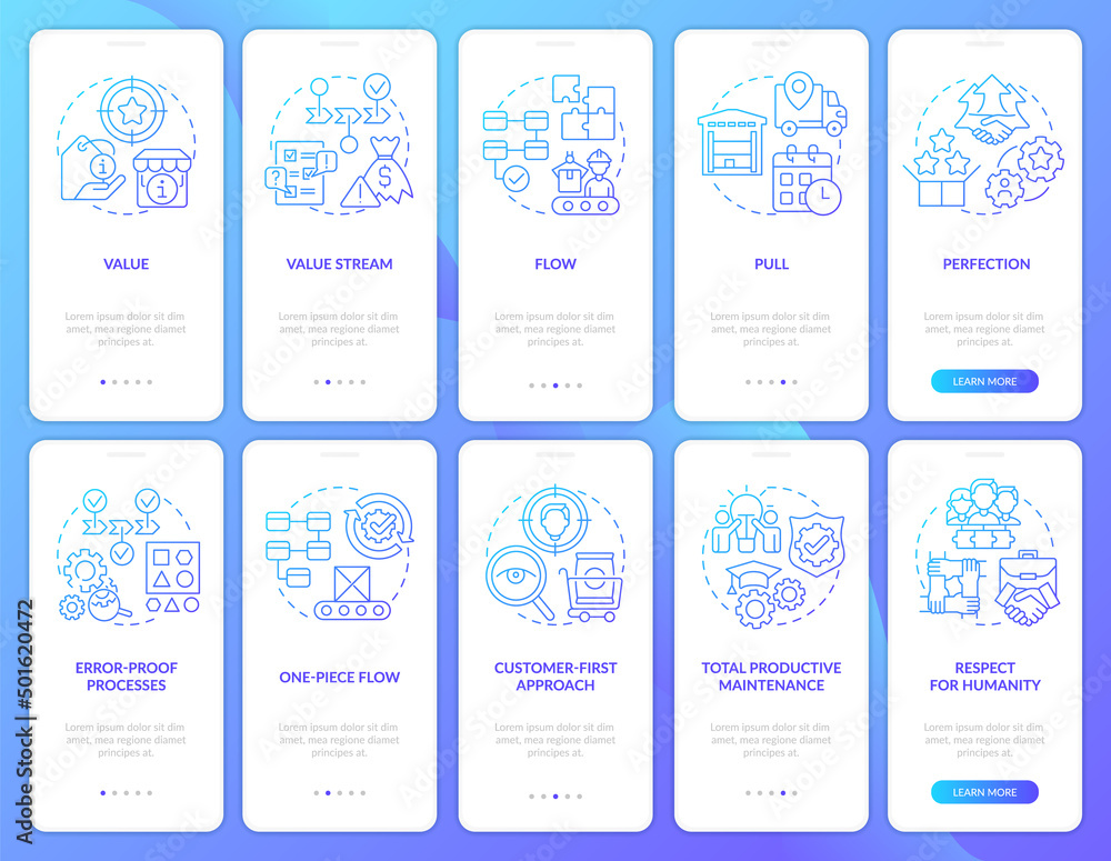Lean manufacturing blue gradient onboarding mobile app screen set ...