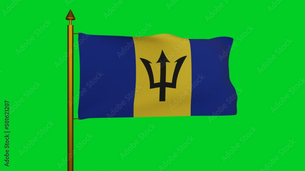 National flag of Barbados waving 3D Render with flagpole on chroma key ...