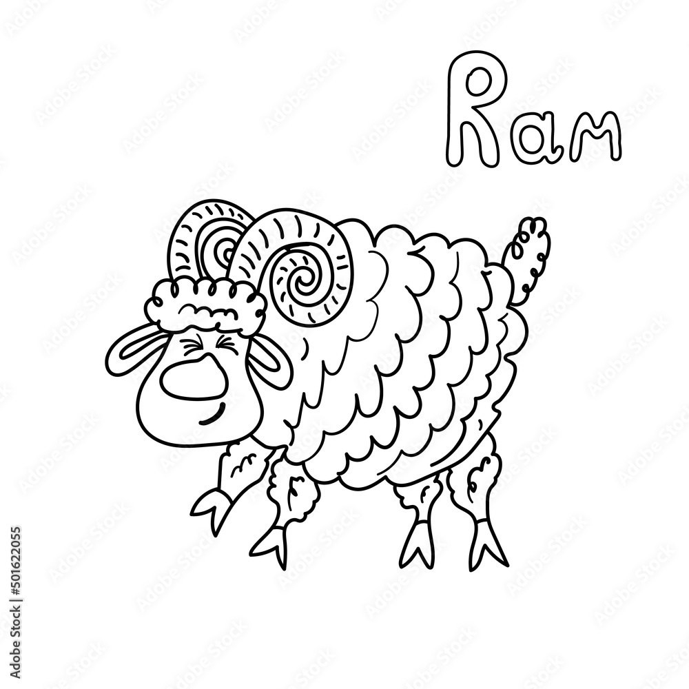 Children's coloring page of ram. Drawing by hand. The word ram is ...