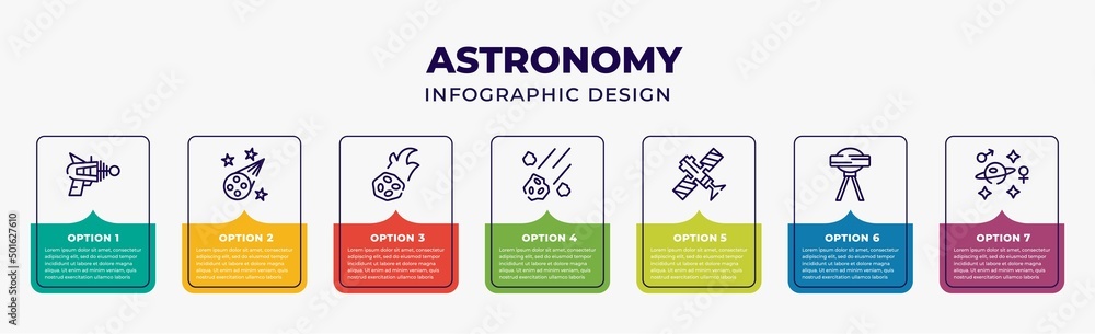 astronomy infographic design template with laser gun, meteorite falling ...