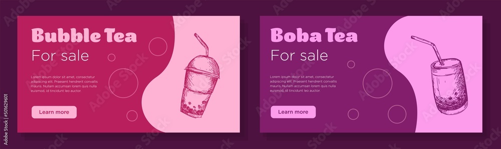 Bubble tea for sale online banner template set, boba tea drink shop ...