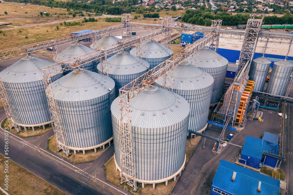 Grain storage in large silos aerial view. Silo with grain. Grain ...