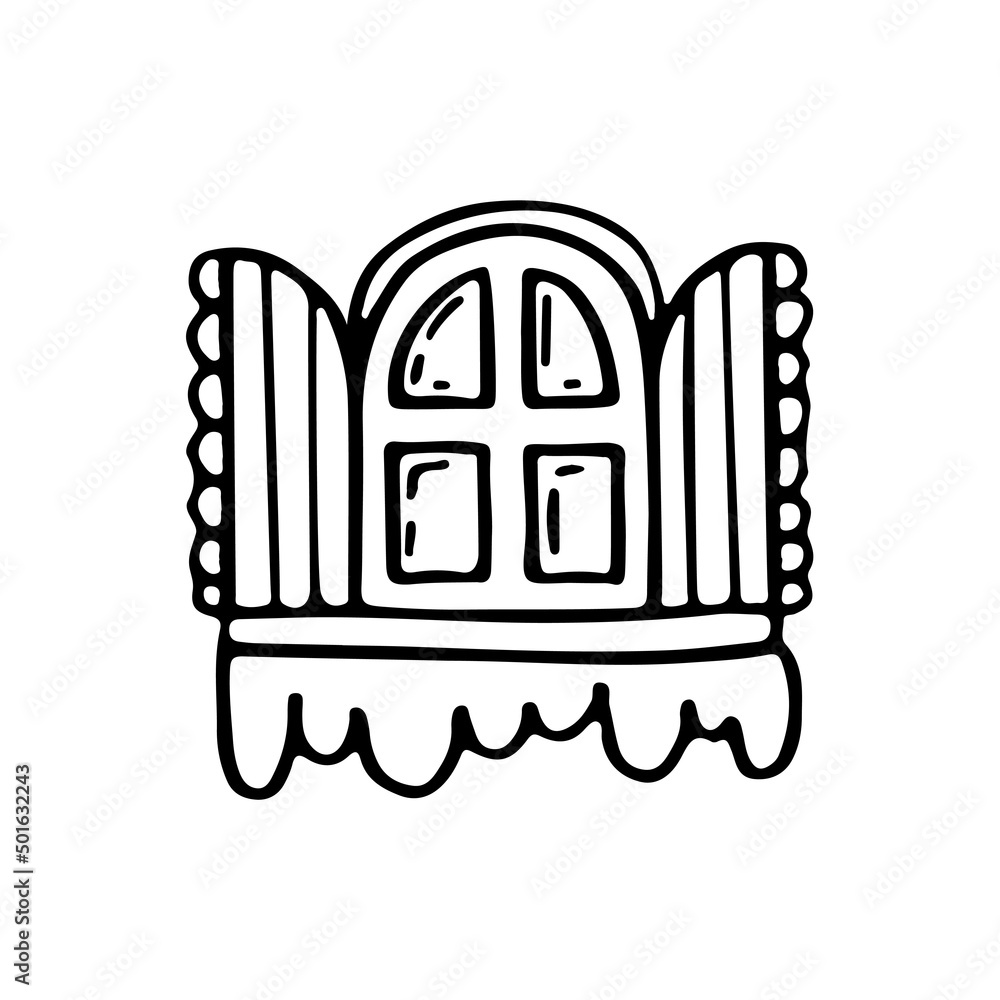 Coloring page house window. Rustic winter building in the snow. Window ...