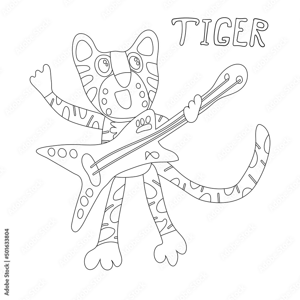 Tiger with a guitar. Coloring pages drawn by hand. The word tiger is ...