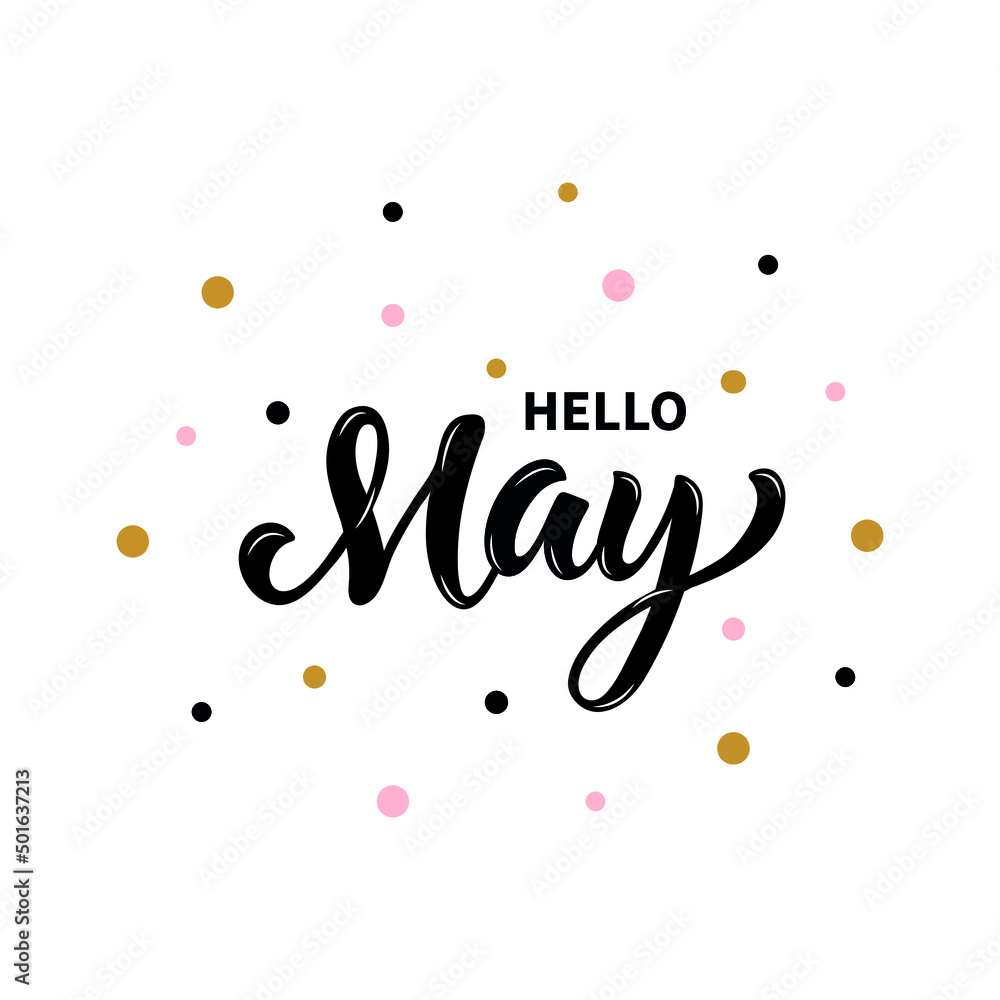 Hello May handwritten text isolated on white background for poster ...