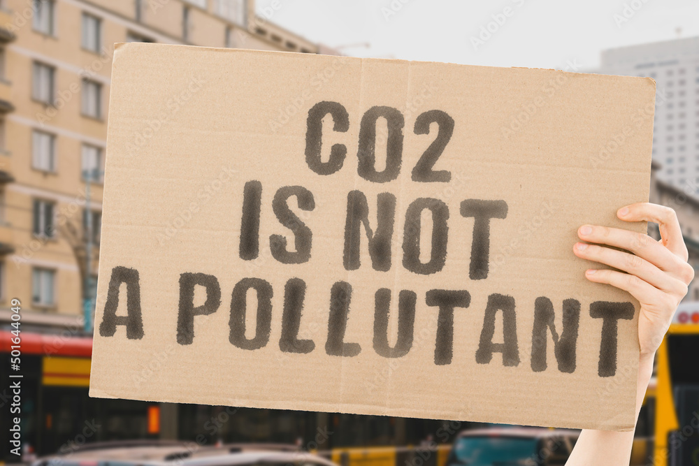 The phrase " CO2 is not a pollutant " is on a banner in men's hands ...