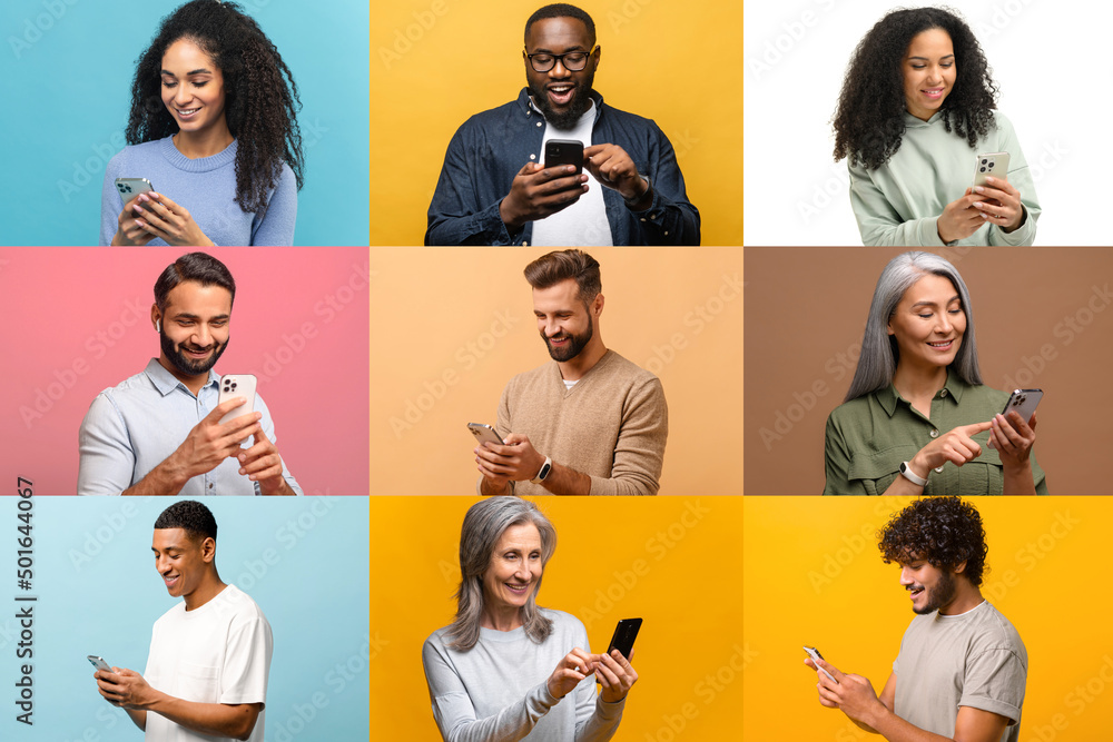 Set of multiracial people using smartphones isolated on color ...