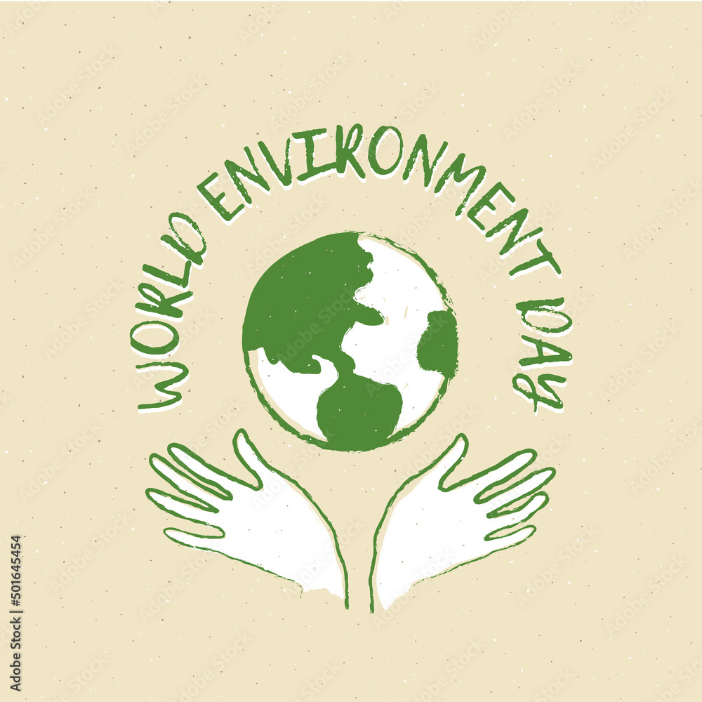 World Environment Day logo. Hands protect the Earth. Emblem on the ...