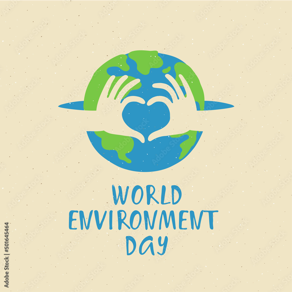 Vettoriale Stock World Environment Day logo for 5th of June. Hands show the heart. Planet on the ...