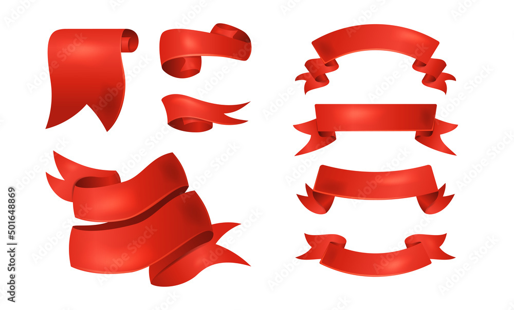 Realistic set of red ribbons. 3D stickers with beautiful ribbons of ...