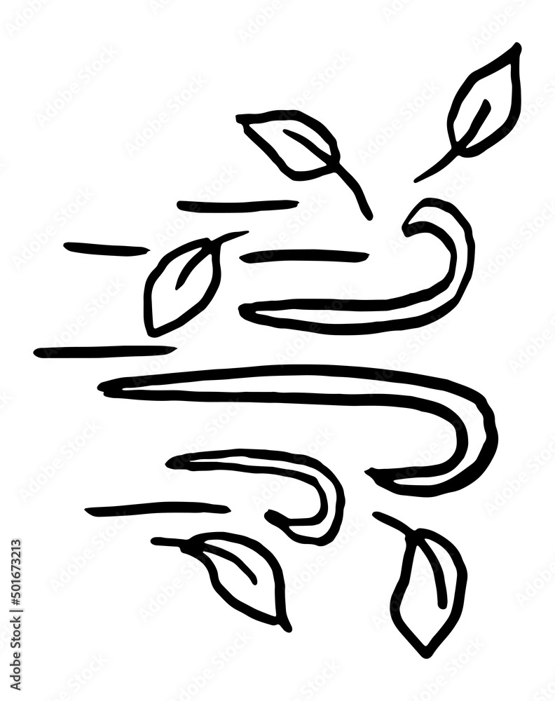 Black and white vector rough sketch of leaves flying in the wind. Hand ...