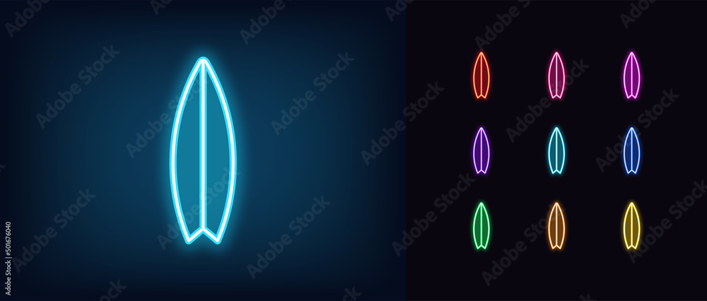 Outline neon surfboard icon. Glowing neon surfboard silhouette, surf ...