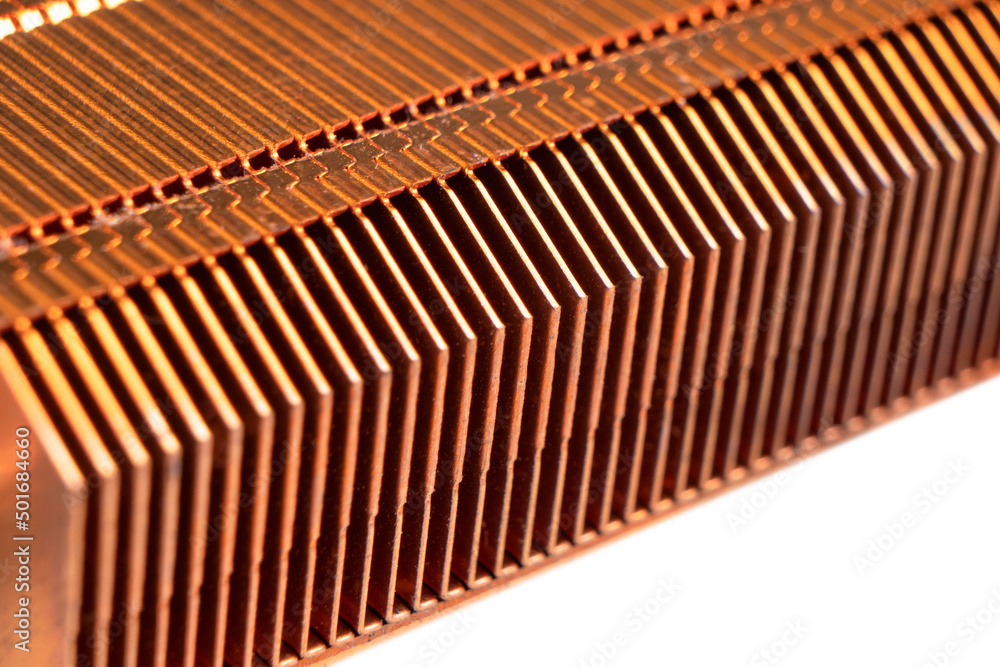 Macro shot heatsink on laptop motherboard. CPU heatsink cooler of the ...