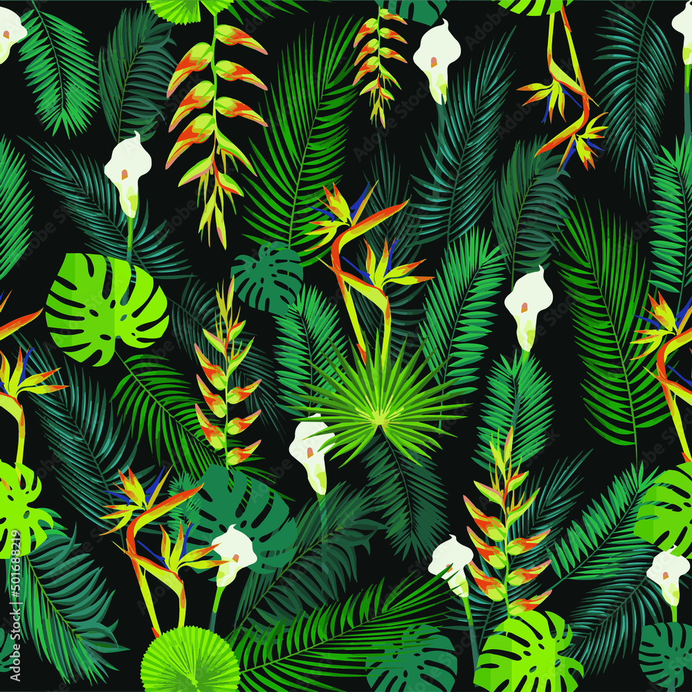Seamless tropical hand-drawn exotic vector pattern with palm leaves ...