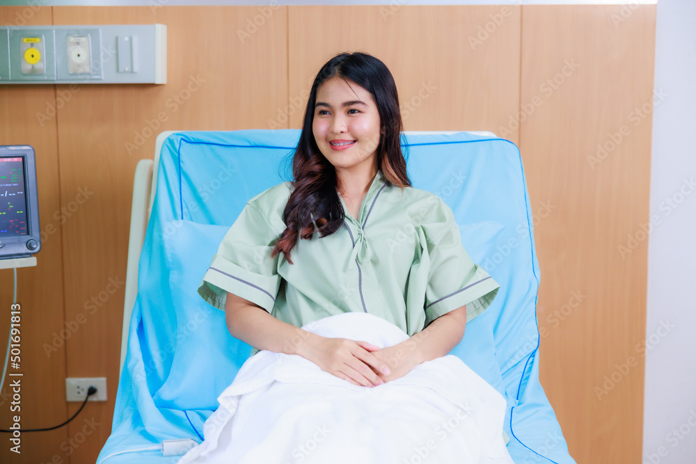 Happy smile successful Beautiful woman patient triumphing in modern ...