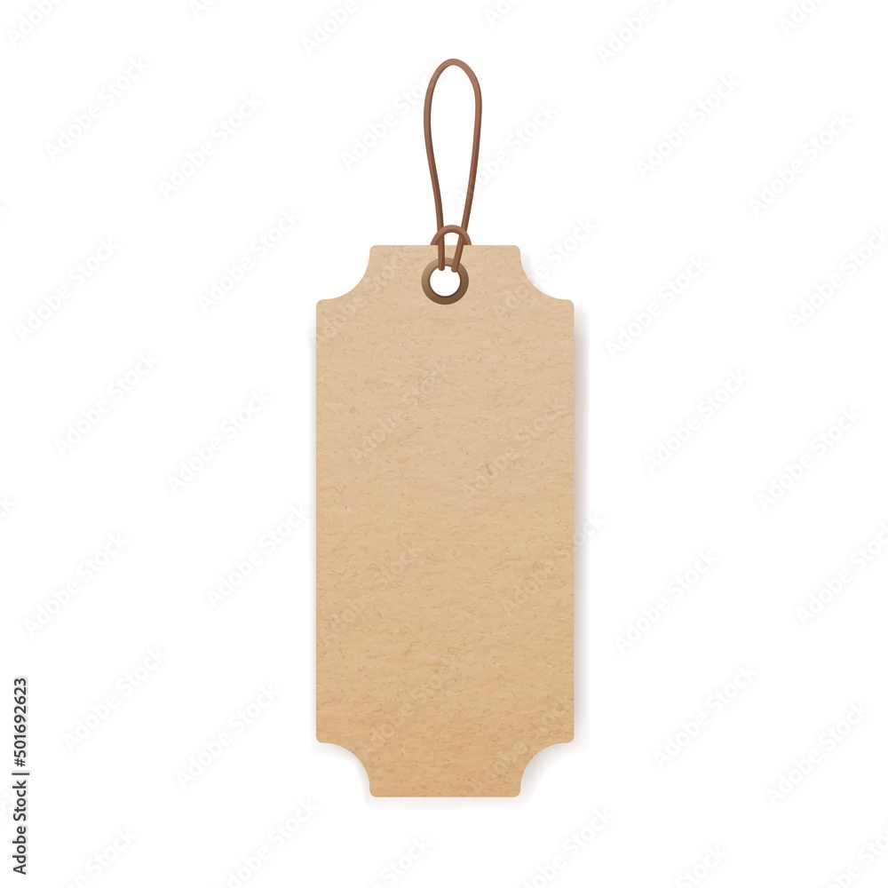 Craft blank price tag hanging on cord. Kraft cardboard price label on ...