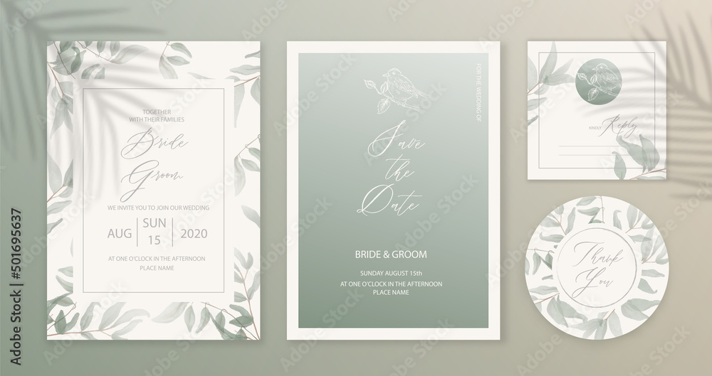 Greenery wedding invitation card background with green watercolor ...