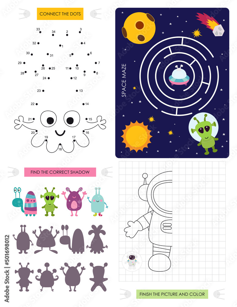 Space Activity pages for kids. Printable activity sheet with mini games ...